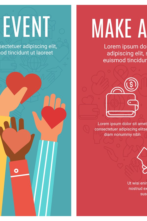 Charity event flyer. Donation and volunteering poster. Hands