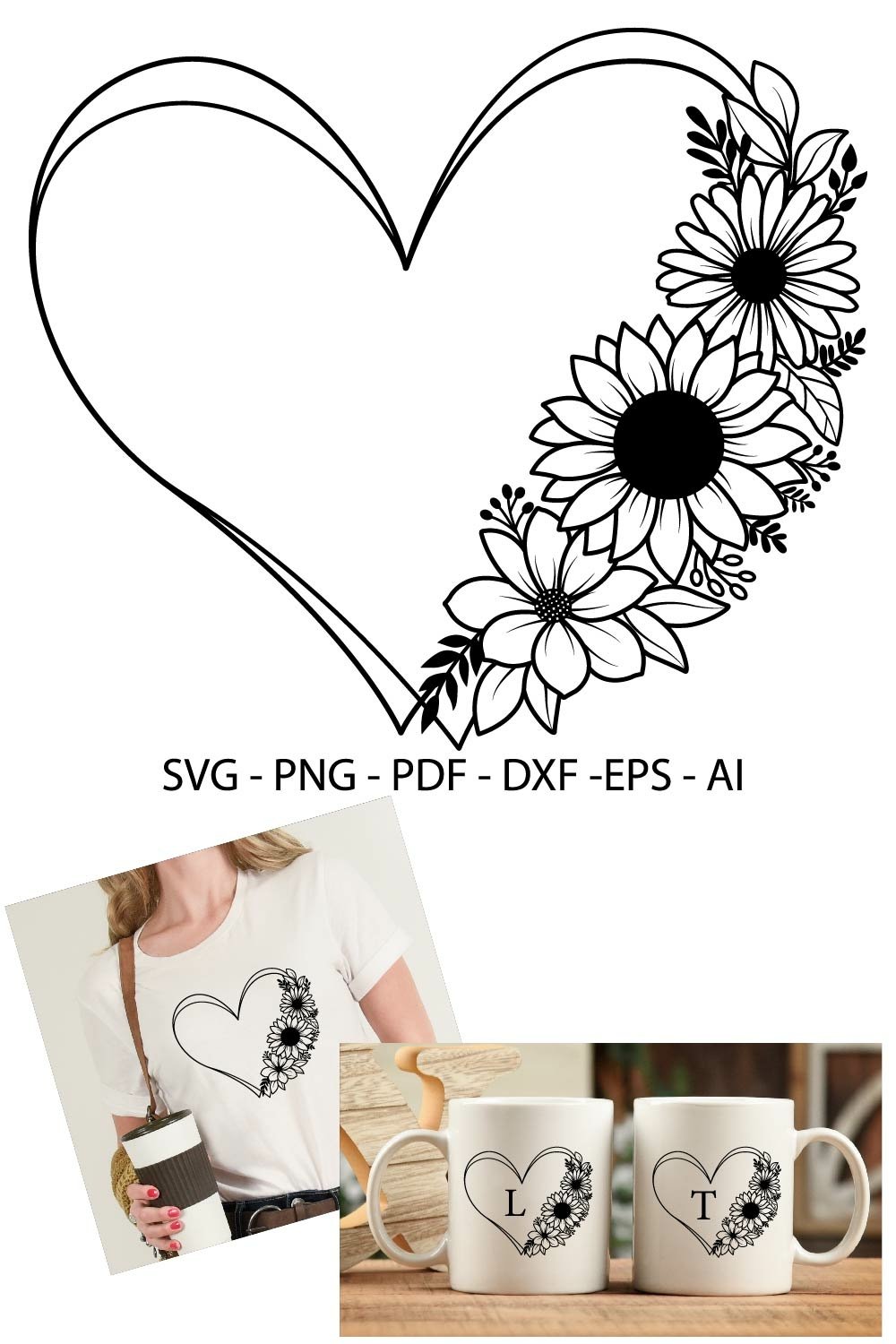 Sunflower Svg, Flower Heart Svg, Heart Svg