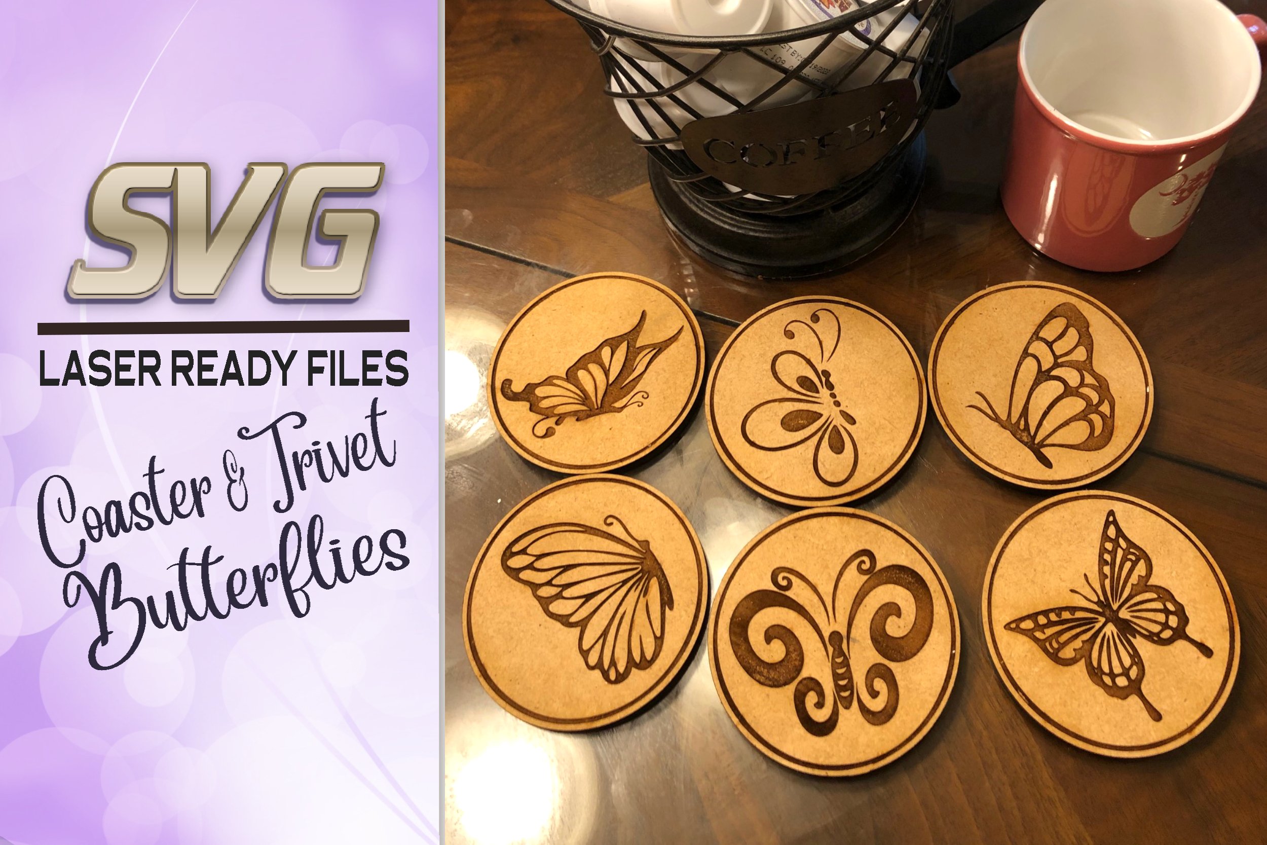 Butterfly Coaster & Trivet SVG Bundle Laser Glowforge Files