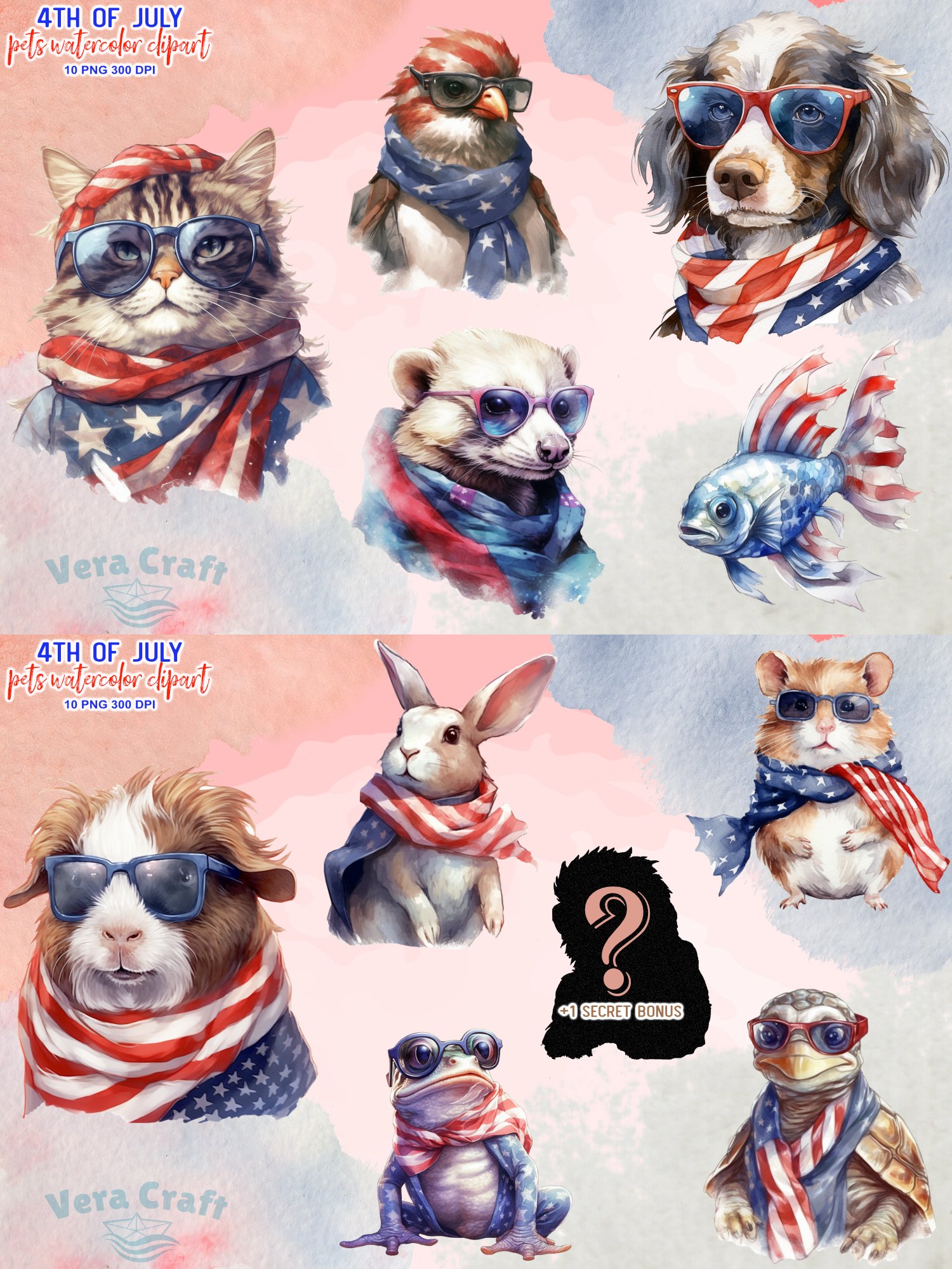 4th of July Pets Watercolor Clipart Bundle - 10 Varaitions