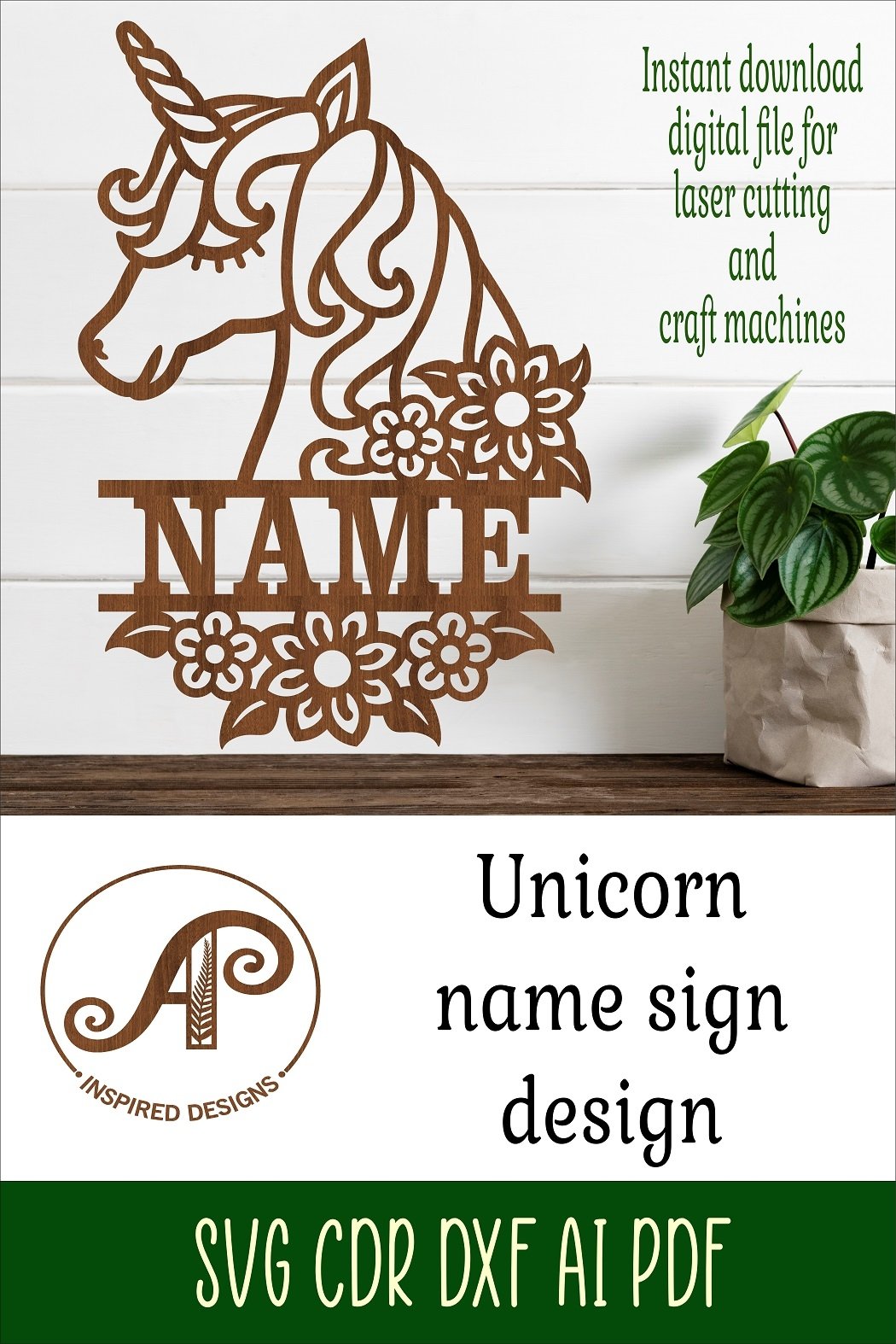 Unicorn Name sign svg laser cut template, door or wall
