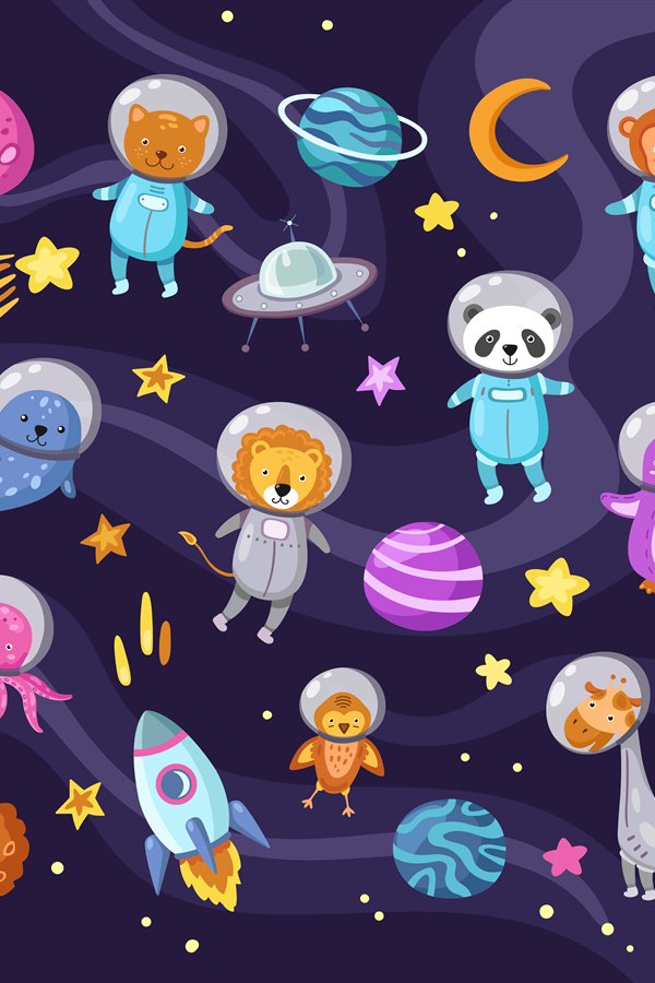 Space animals. Cute baby animal panda cat lion giraffe monke