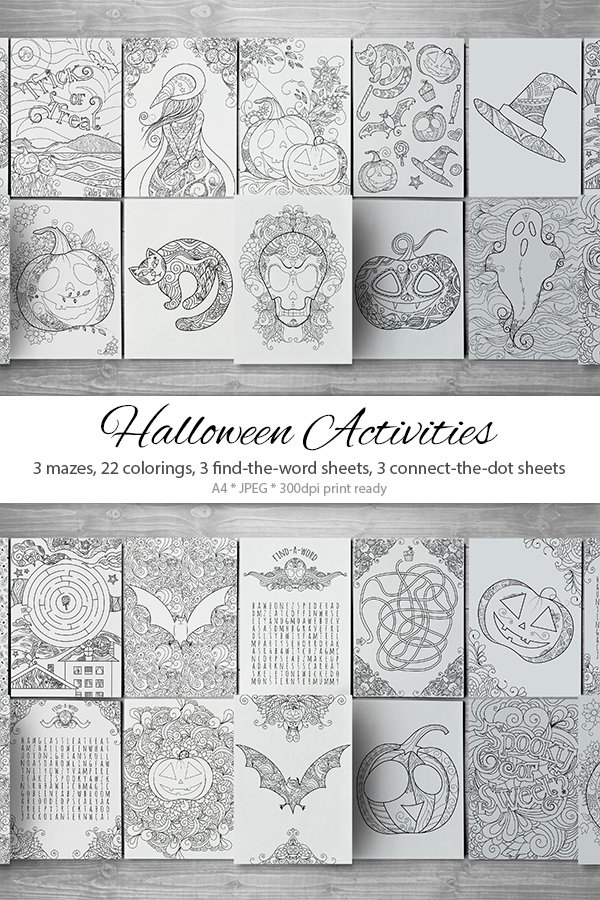 31 zentangle Halloween activity pages, mazes and colorings