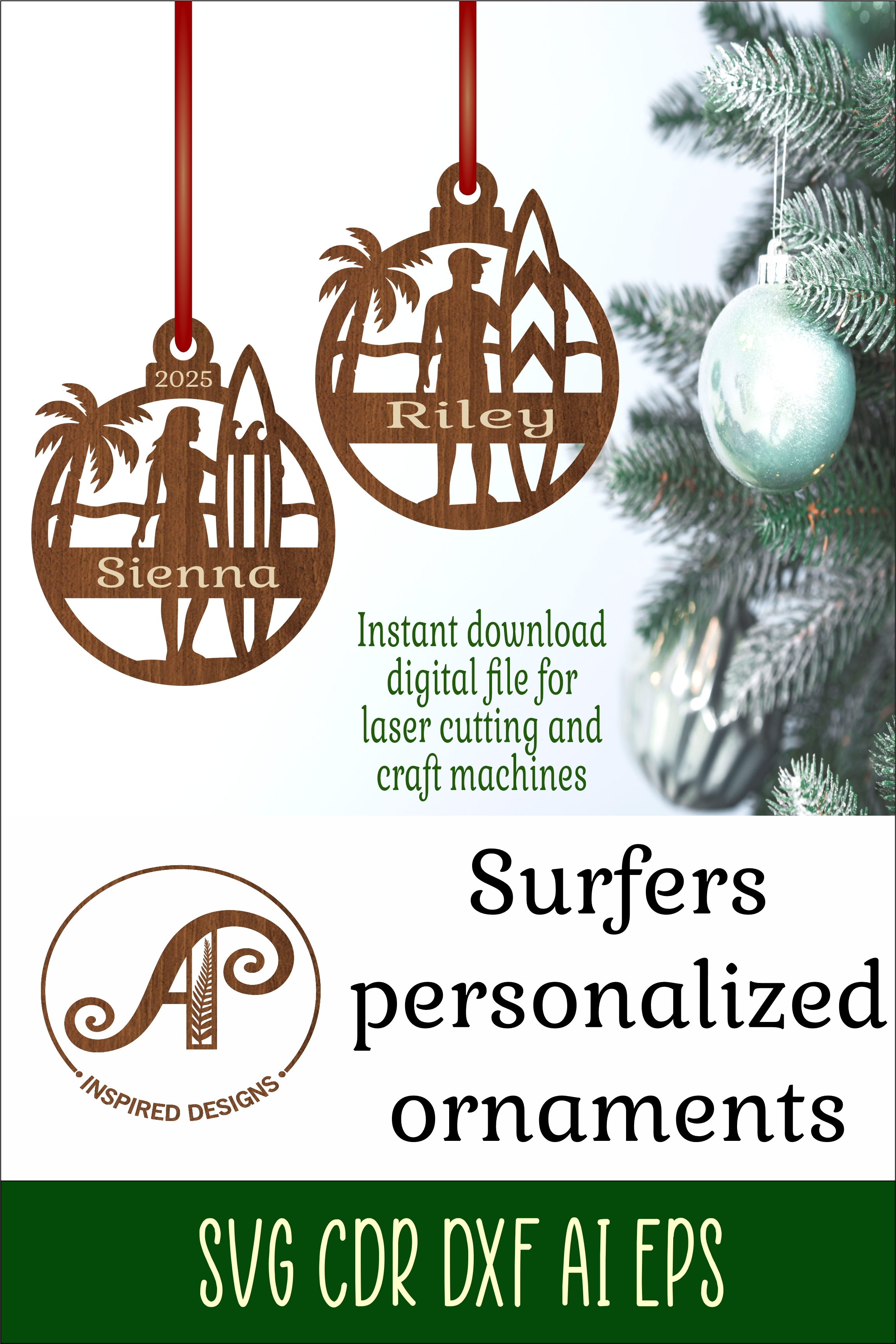 Surfer Christmas Ornament SVG