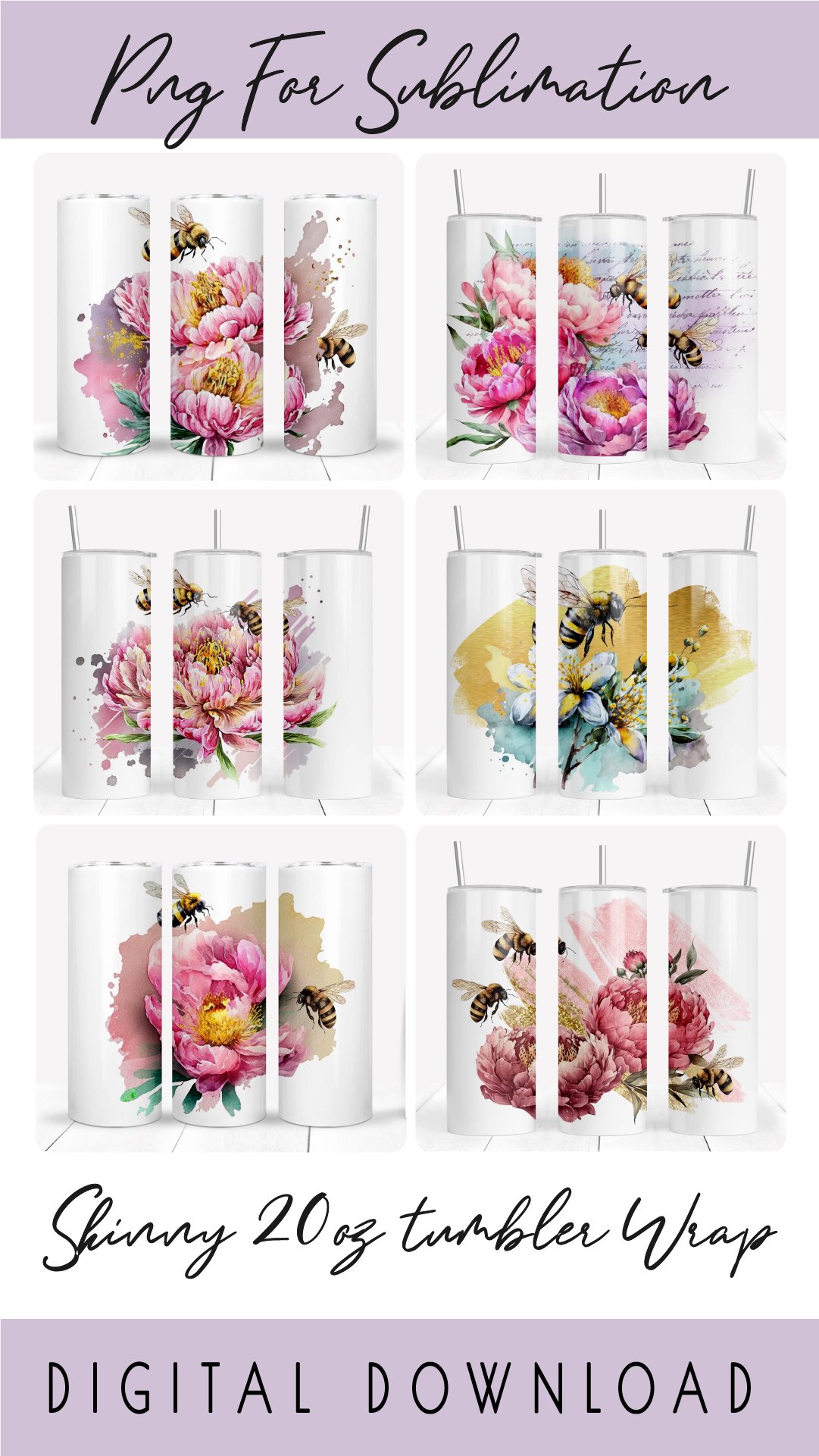 Watercolor Bee Tumbler Wrap Bundle, Skinny Tumbler 20 Oz