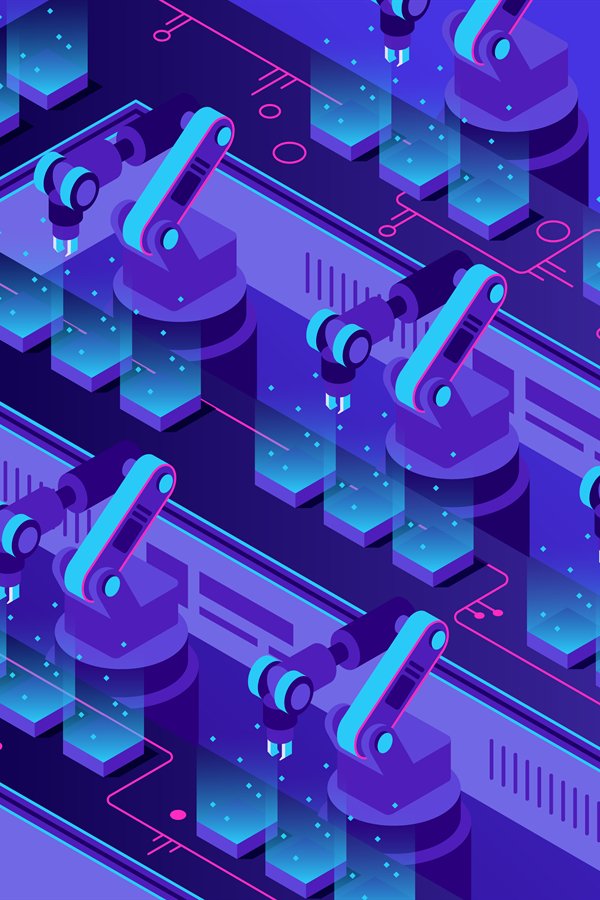 Isometric futuristic production line. Industrial warehouse a