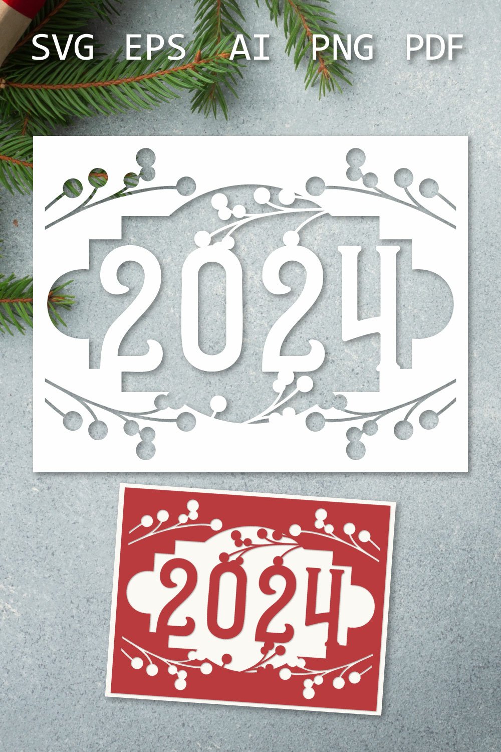 2024 papercut template Christmas card, Happy New Year card