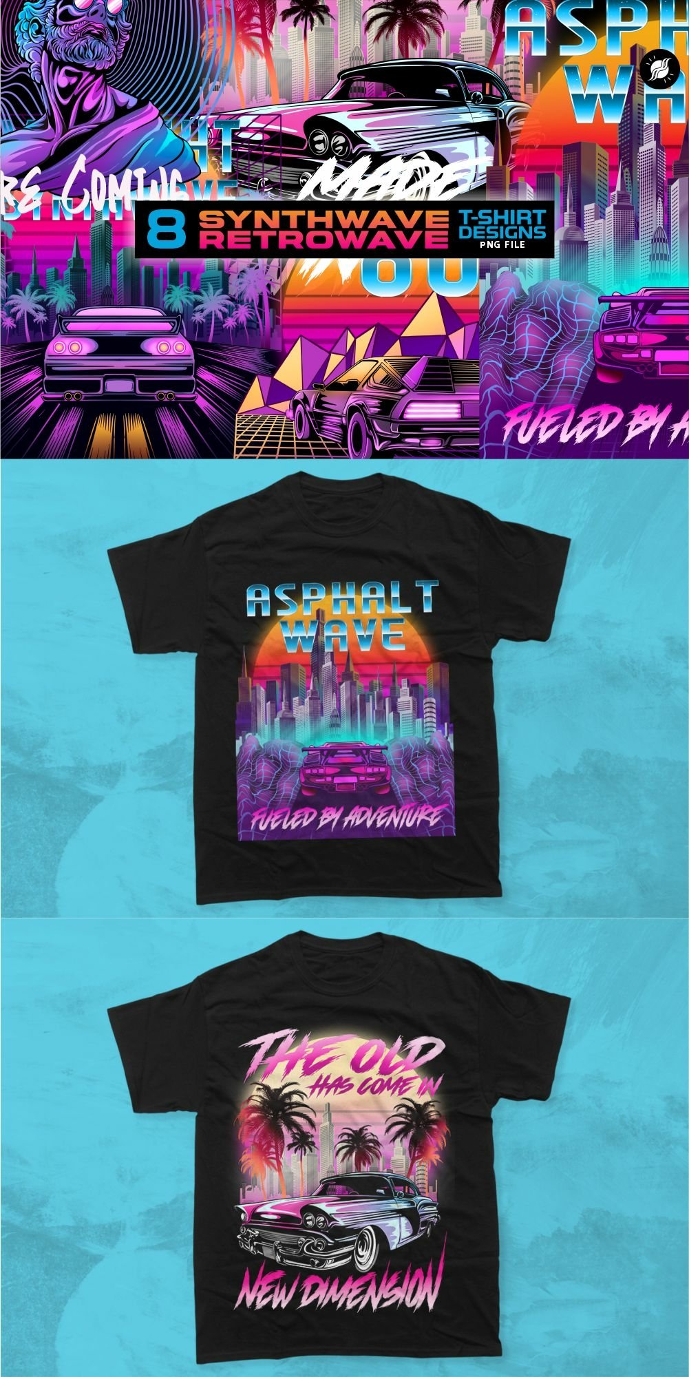 Synthwave Retrowave Futuristic T-shirt Designs PNG Bundle