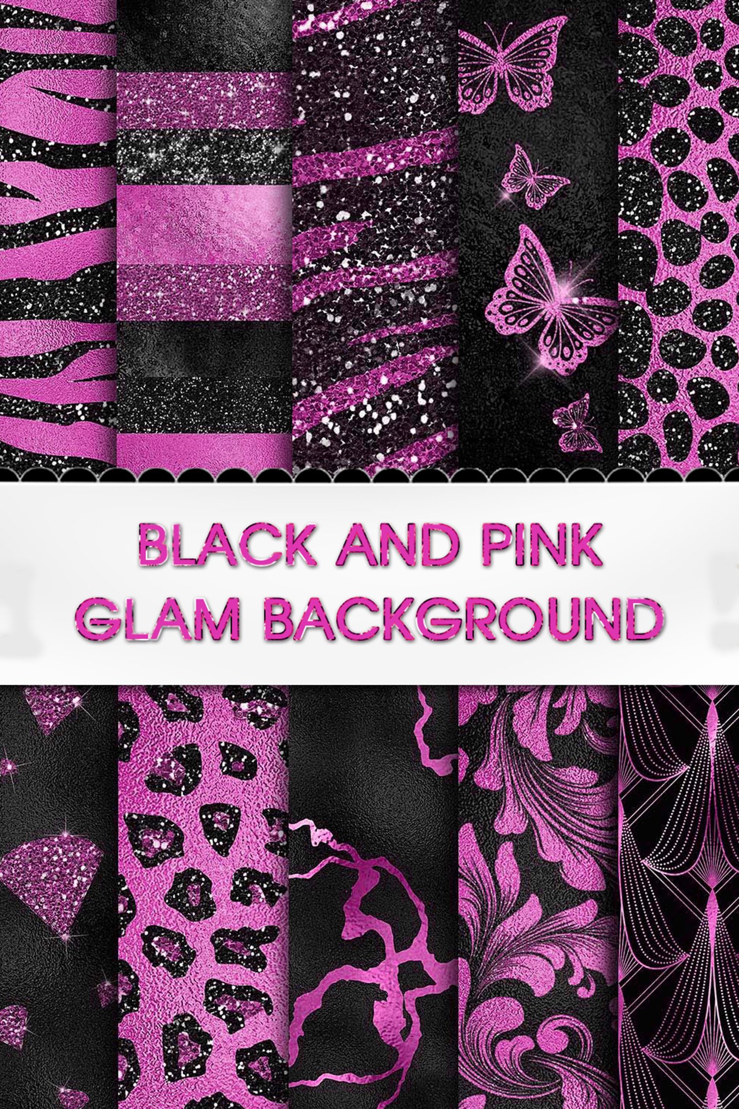 Black and Pink Glam Glitter Digital Paper, butterfly tiger