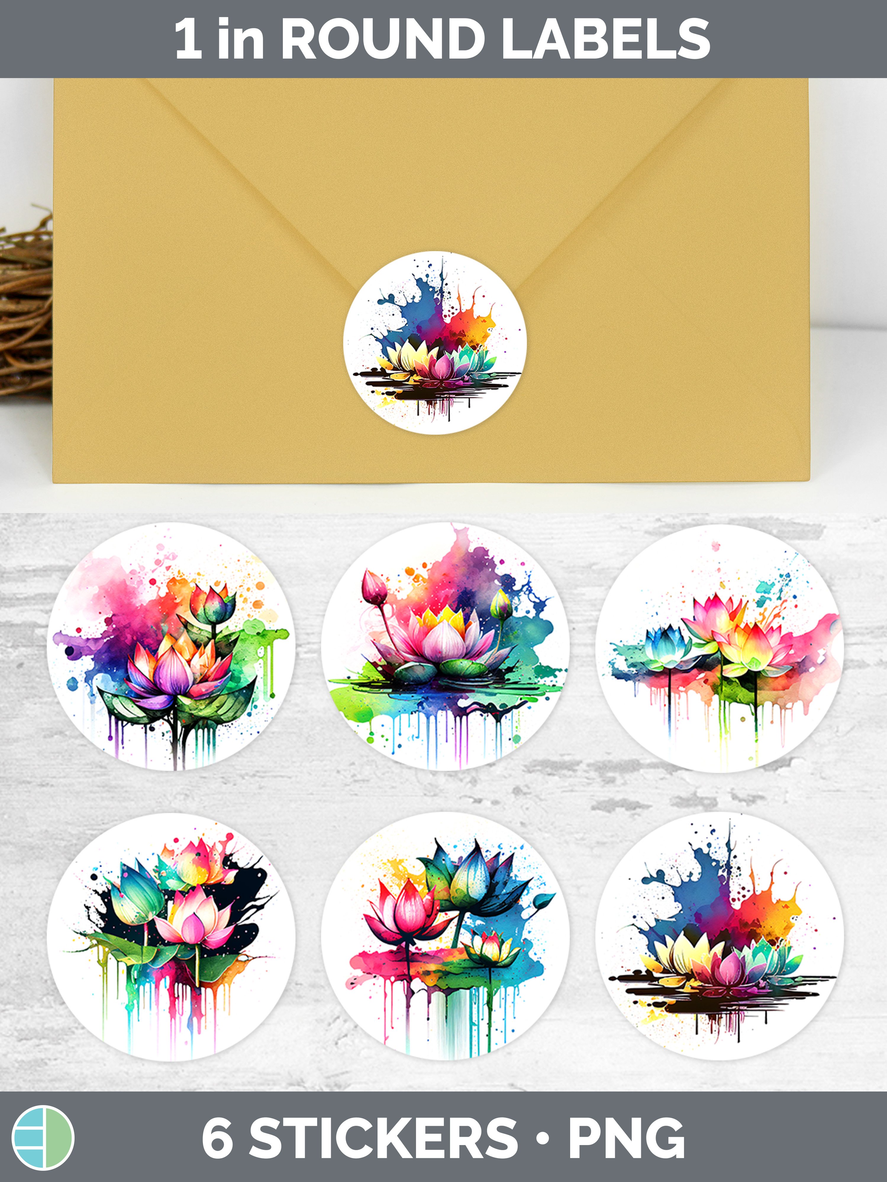 Rainbow Lotus Flowers Stickers | Round Labels Designs Bundle