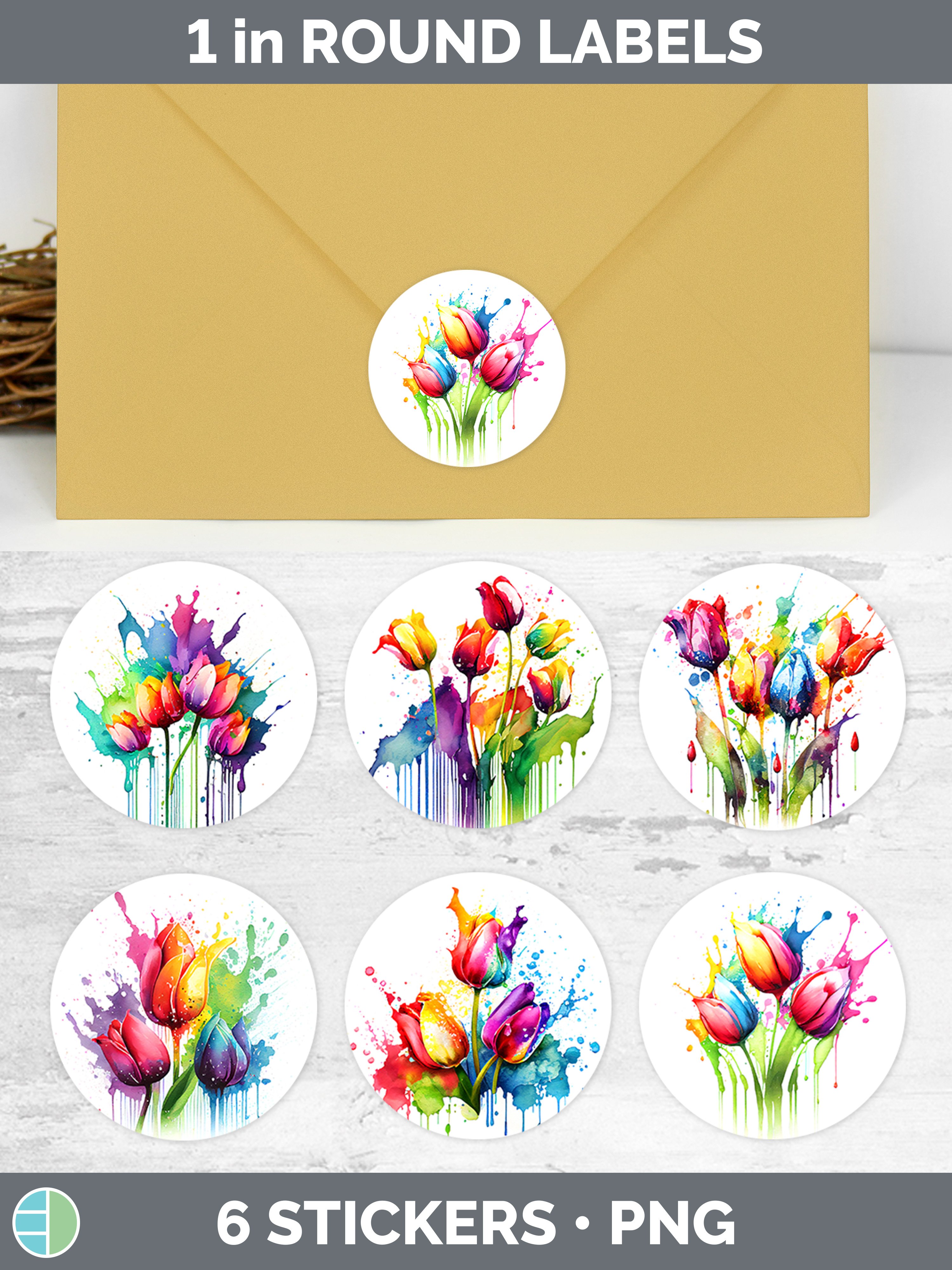 Rainbow Tulip Flowers Stickers | Round Labels Designs Bundle