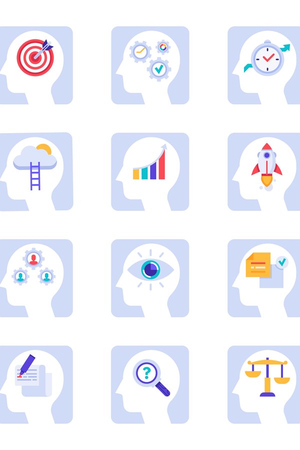 Brain thinking process icons. Business idea, success solutio