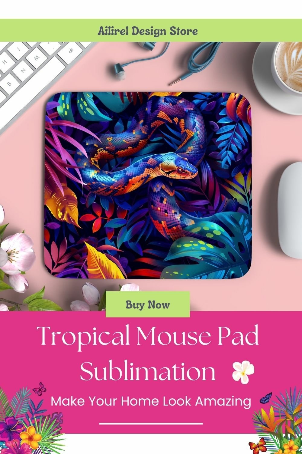 Holographic Snake Mouse Pad Design, Tropical Mouse Pad Wrap