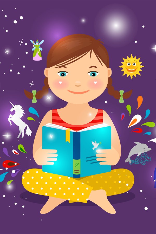 Cute girl reading book about magic