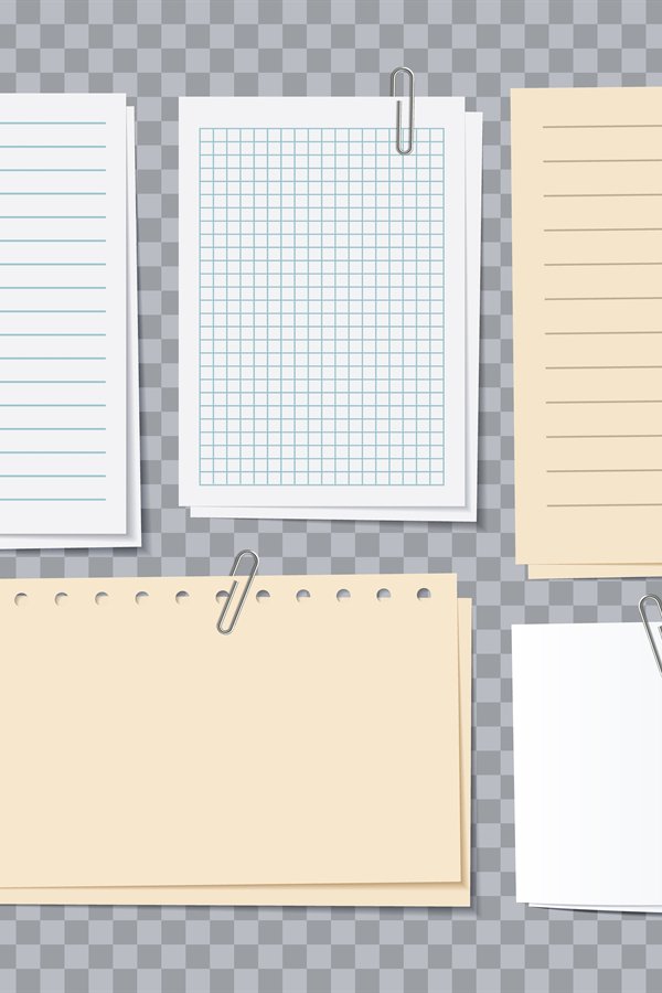 Note papers sheets. Different notepaper with paper clips, me