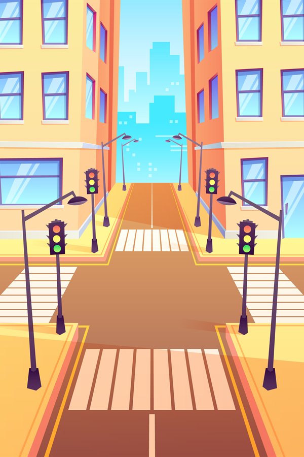 City crossroad with crosswalk. Urban intersection traffic li