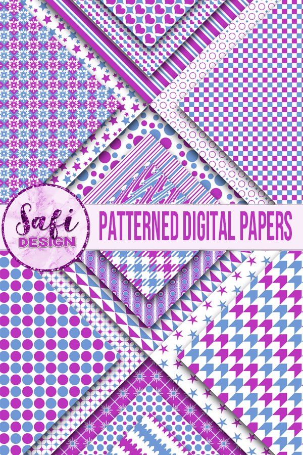 Digital Paper Backgrounds - Sky Blue and Purple Patterns