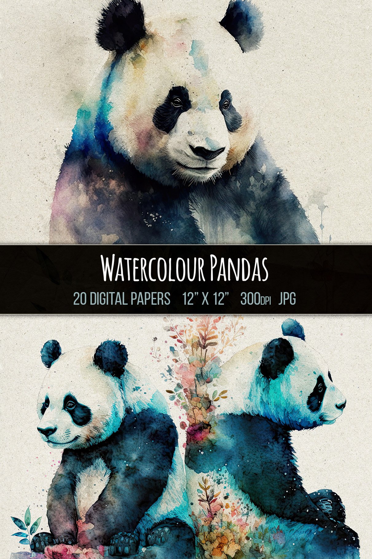 Watercolour Pandas - 20 Digital Papers
