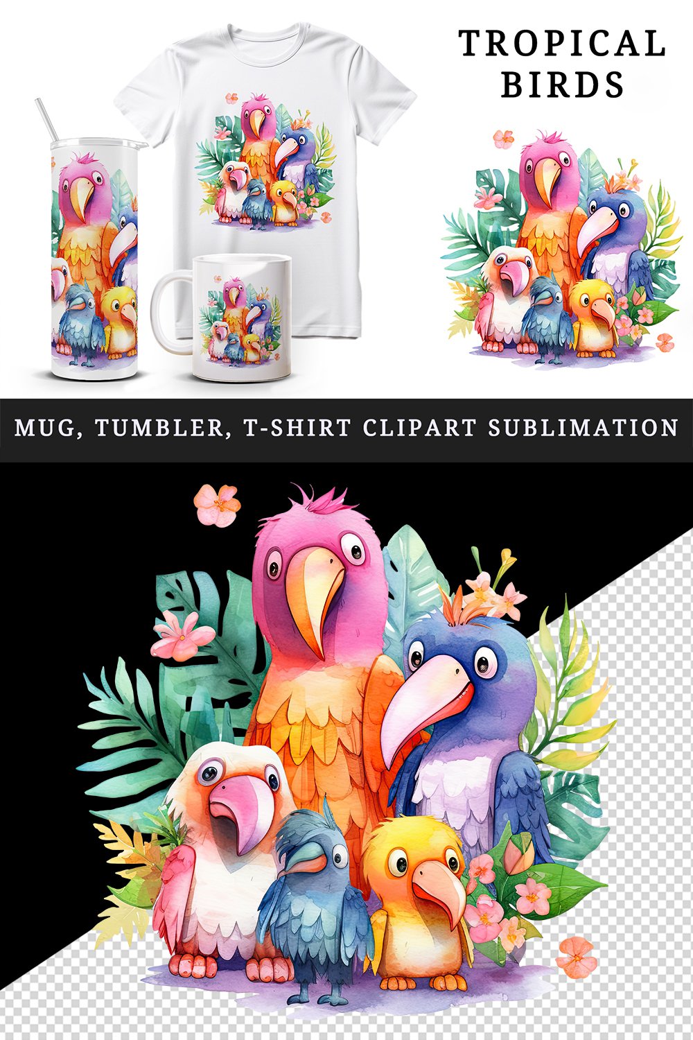 Tropical birds tumbler, mug wrap, clipart sublimation design