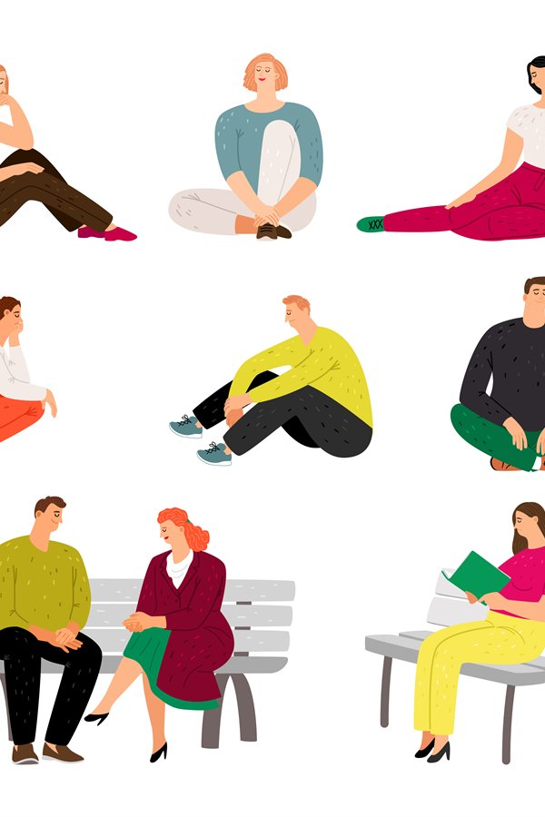 Resting people. Sitting and relaxing casual men and women ve