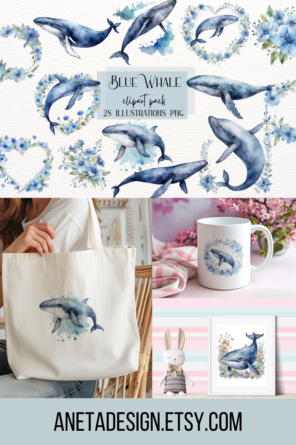 Watercolor Blue Whale, Ocean Whales