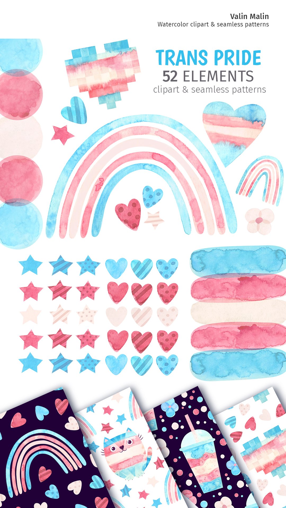 Transgender clipart & seamless patterns. LGBTQIA pride