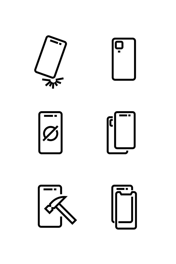 Smartphone repair icons. Dropped phone with cracked screen,