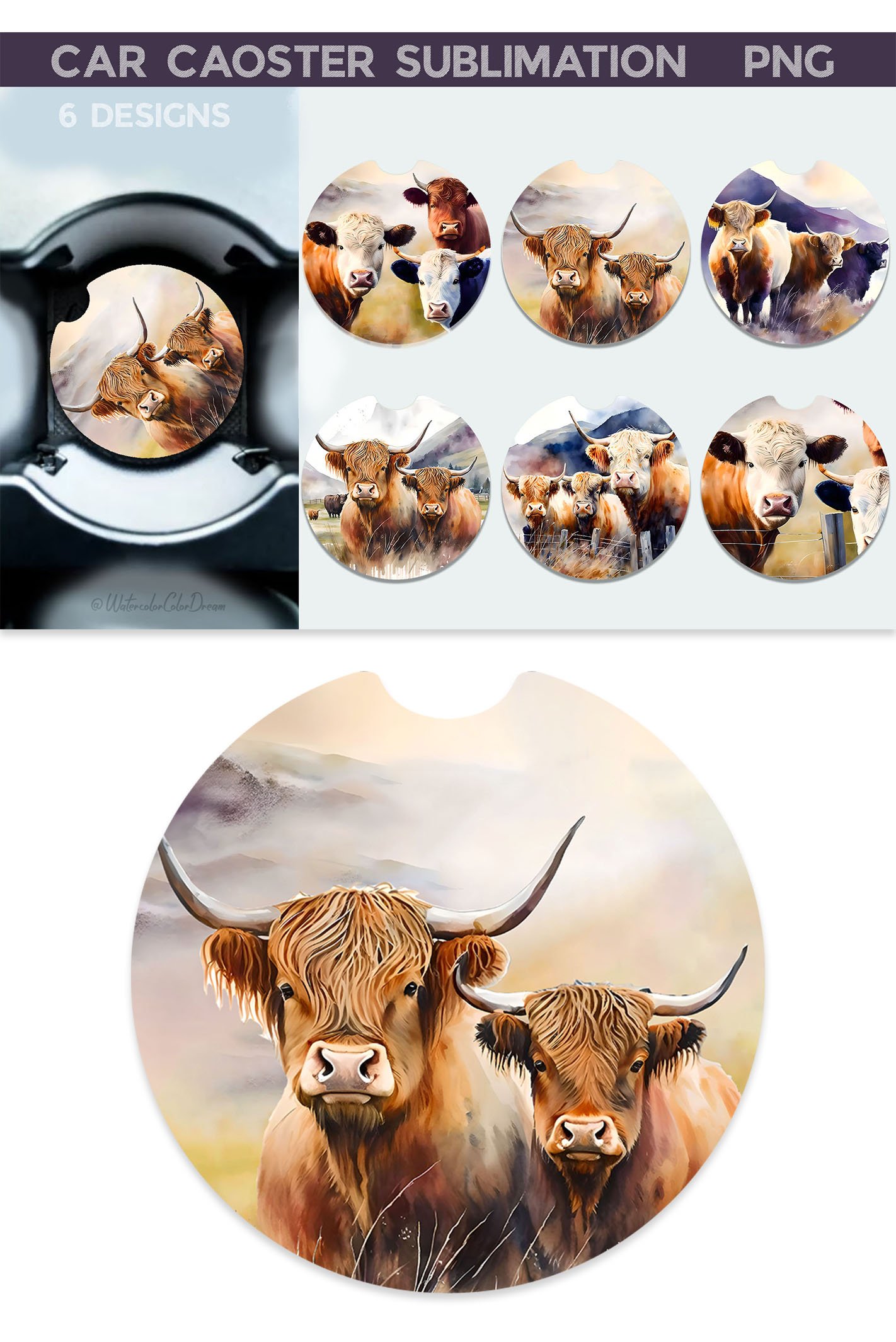 Highland Cow Car Coaster Bundle | Cow Sublimation Design