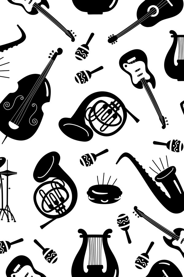 Black and white music instruments seamless pattern design