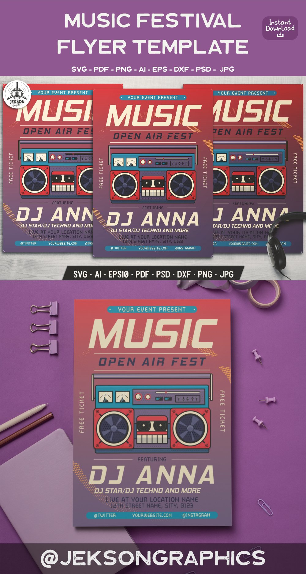 Music Flyer Template with Tape Recorder. DJ Party Poster SVG