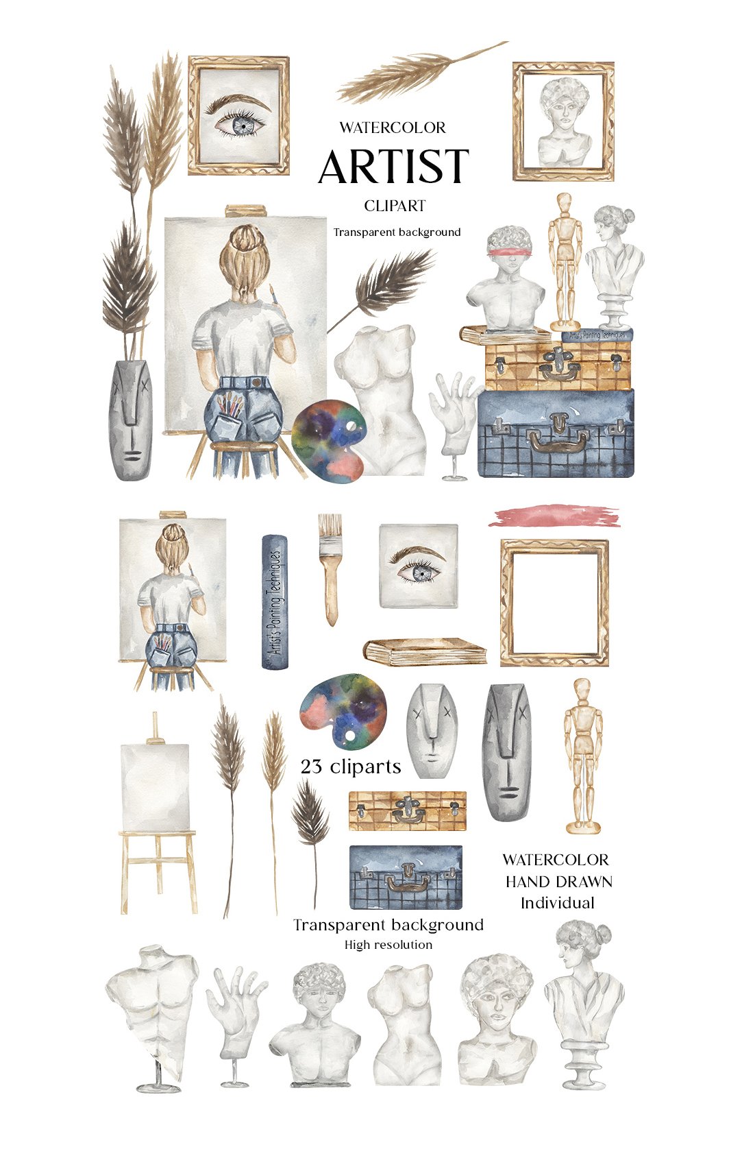 Watercolor Artist Clipart Set Bundle