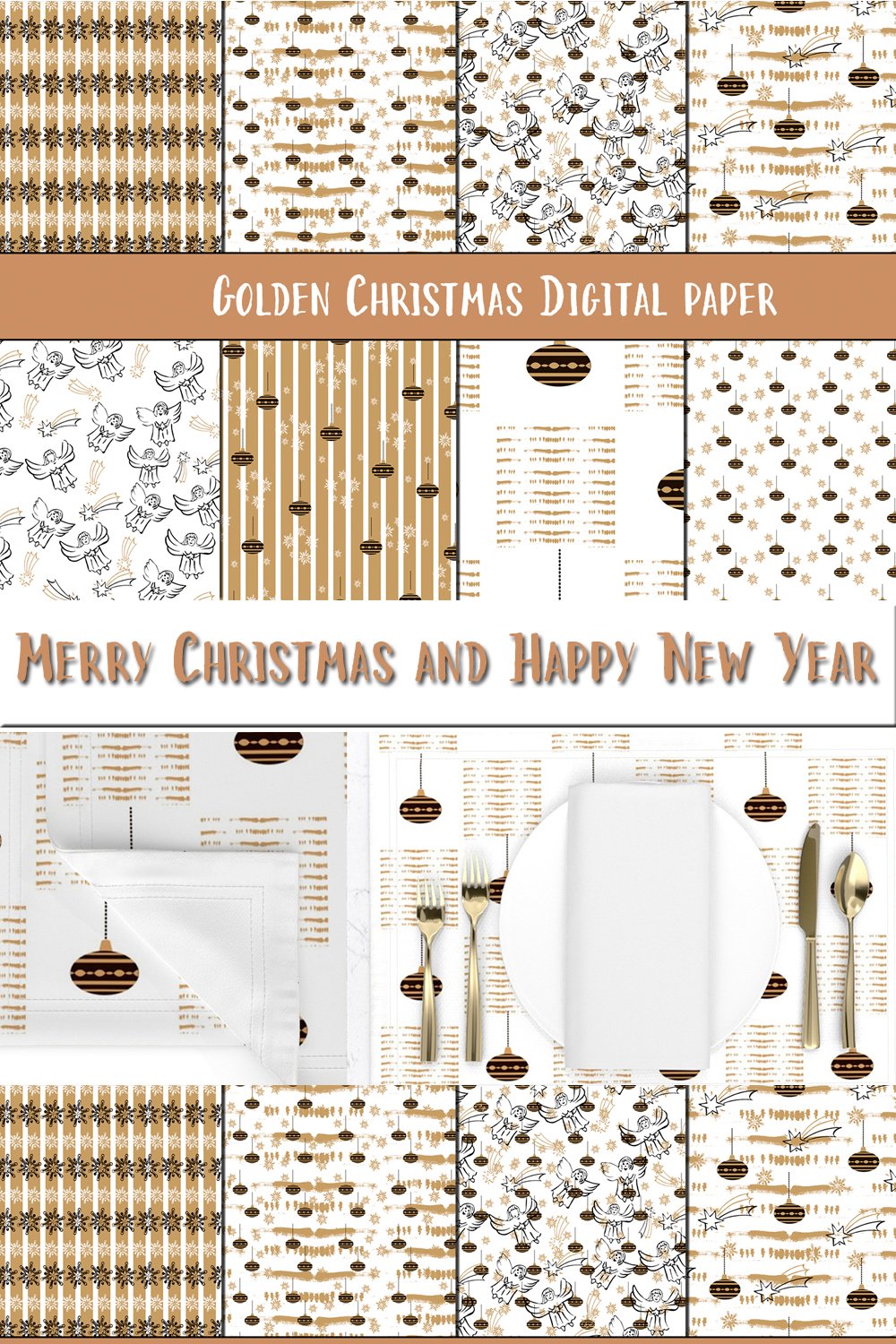Golden Christmas Digital Paper, Christmas & New Year pattern