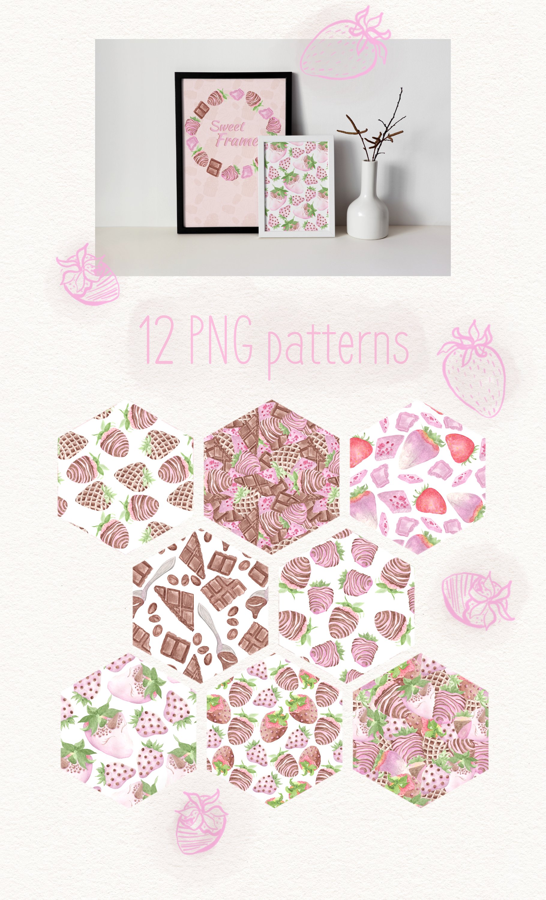 Watercolor set "Strawberries in chocolate"