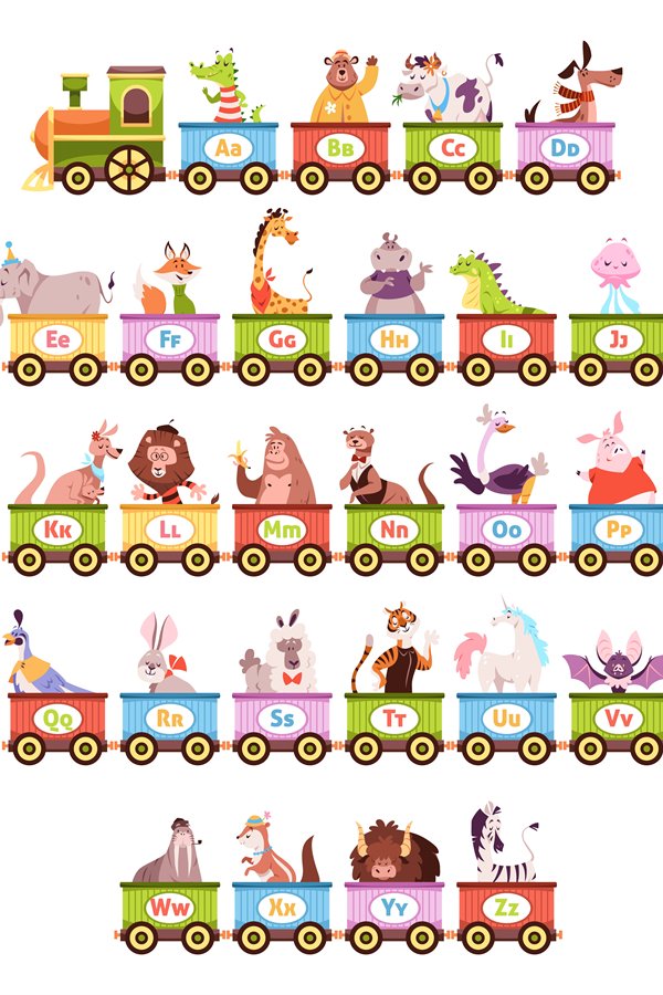 Alphabet train. Cartoon kids color wagons, funny animals and