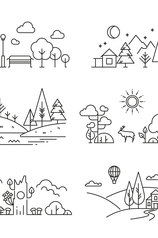 Nature landscape outline icons with tree, plants, mountains,