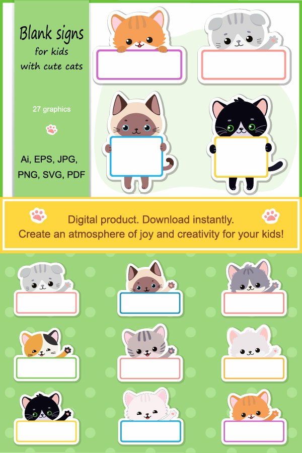 Cute kawaii cats with blank signs