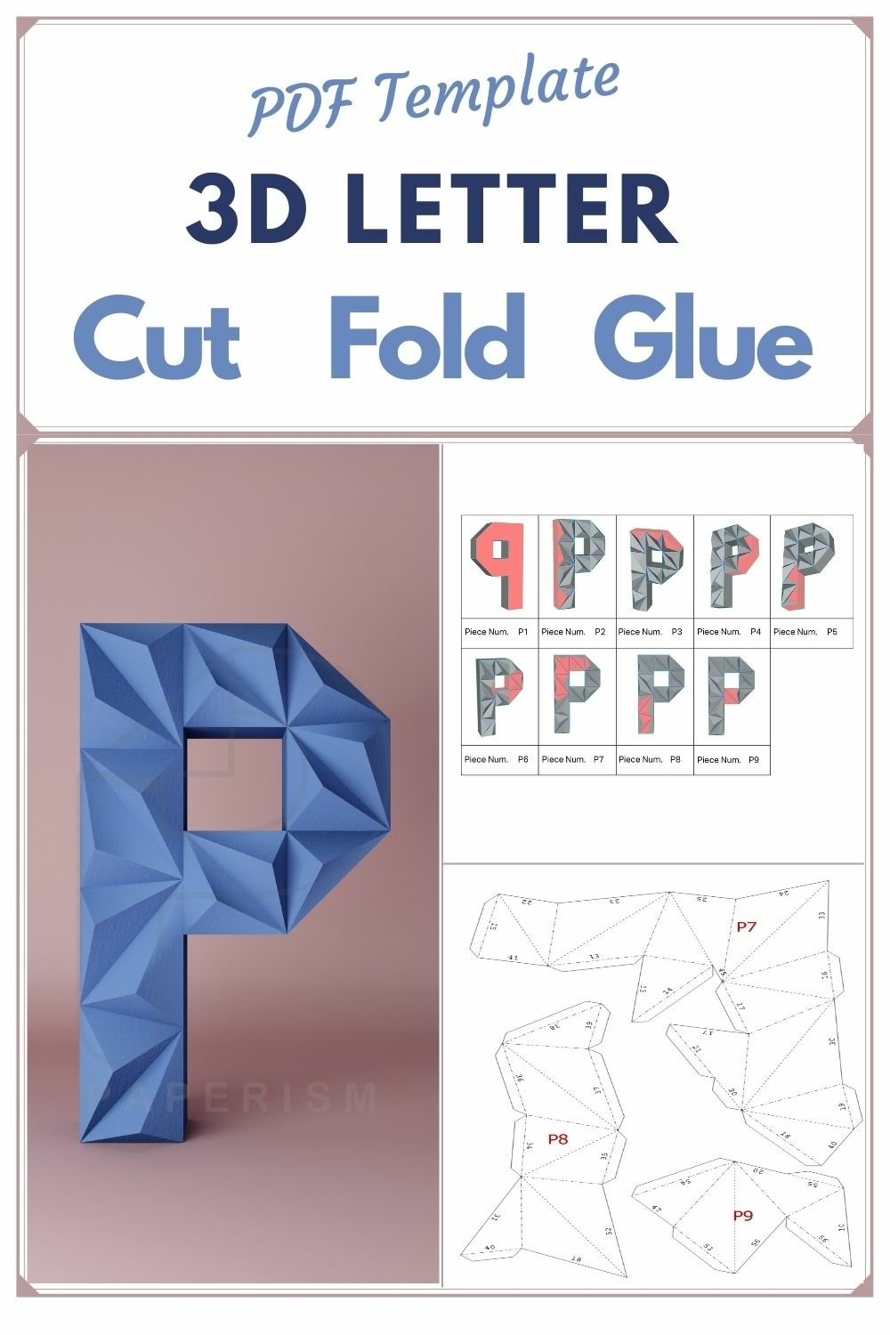 P Letter Papercraft, 3d Alphabet, DIY pdf template, low poly