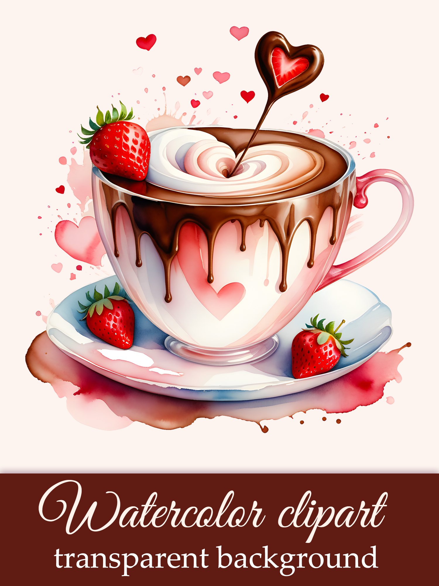 Watercolor coffee cup with hearts and chocolate, clipart Png