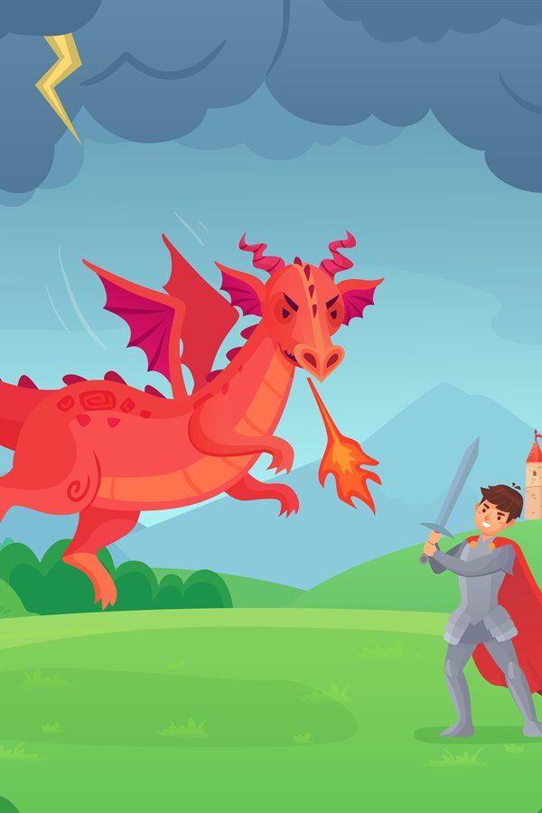 Cartoon fairytale knight fights dragon. Swordsman fighting e