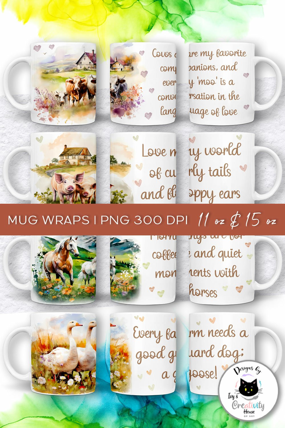 Watercolor Farm Mug Designs | Farm Life Sublimation Designs