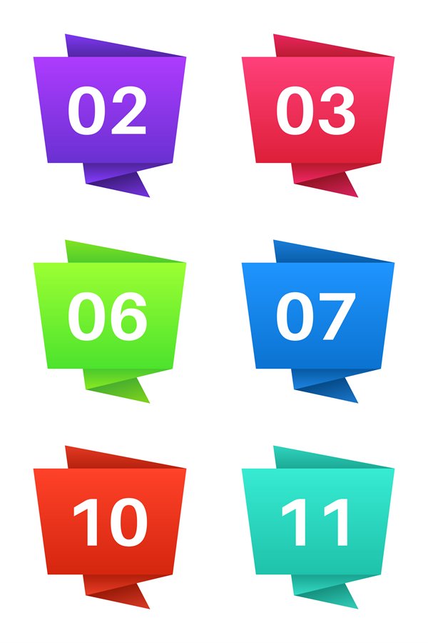 Number bullet points. Colourful steps with numbers, pointing