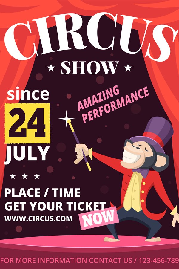 Placard of circus invitation. Vector poster with various cir