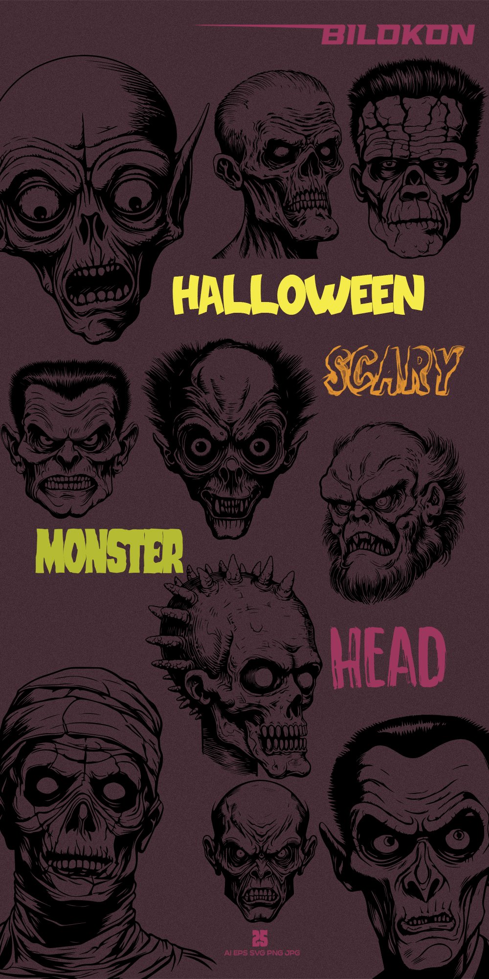 Halloween Scary Monster Head Vector Pack, Halloween Bundle