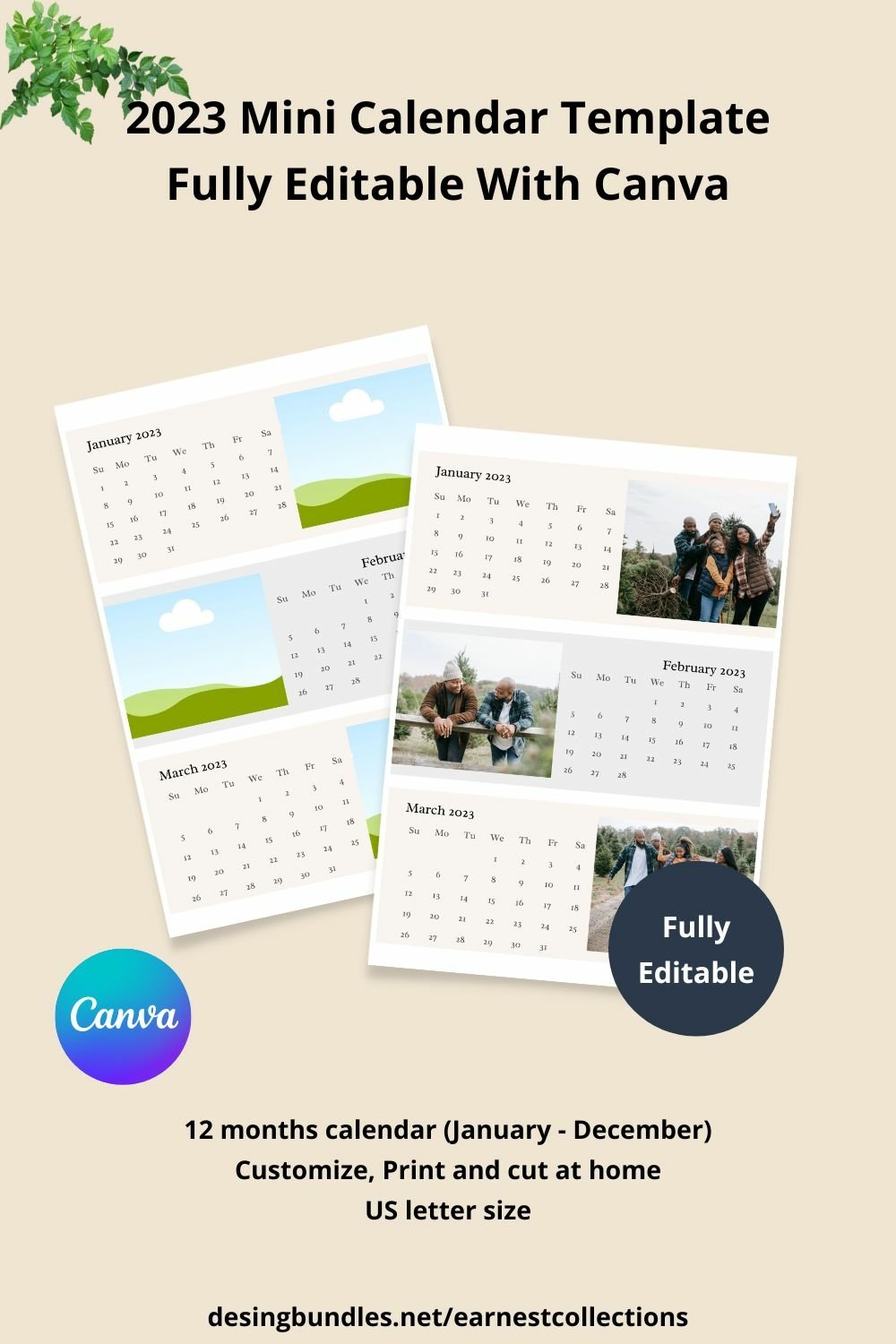 2023 mini calendar template fully editable with Canva