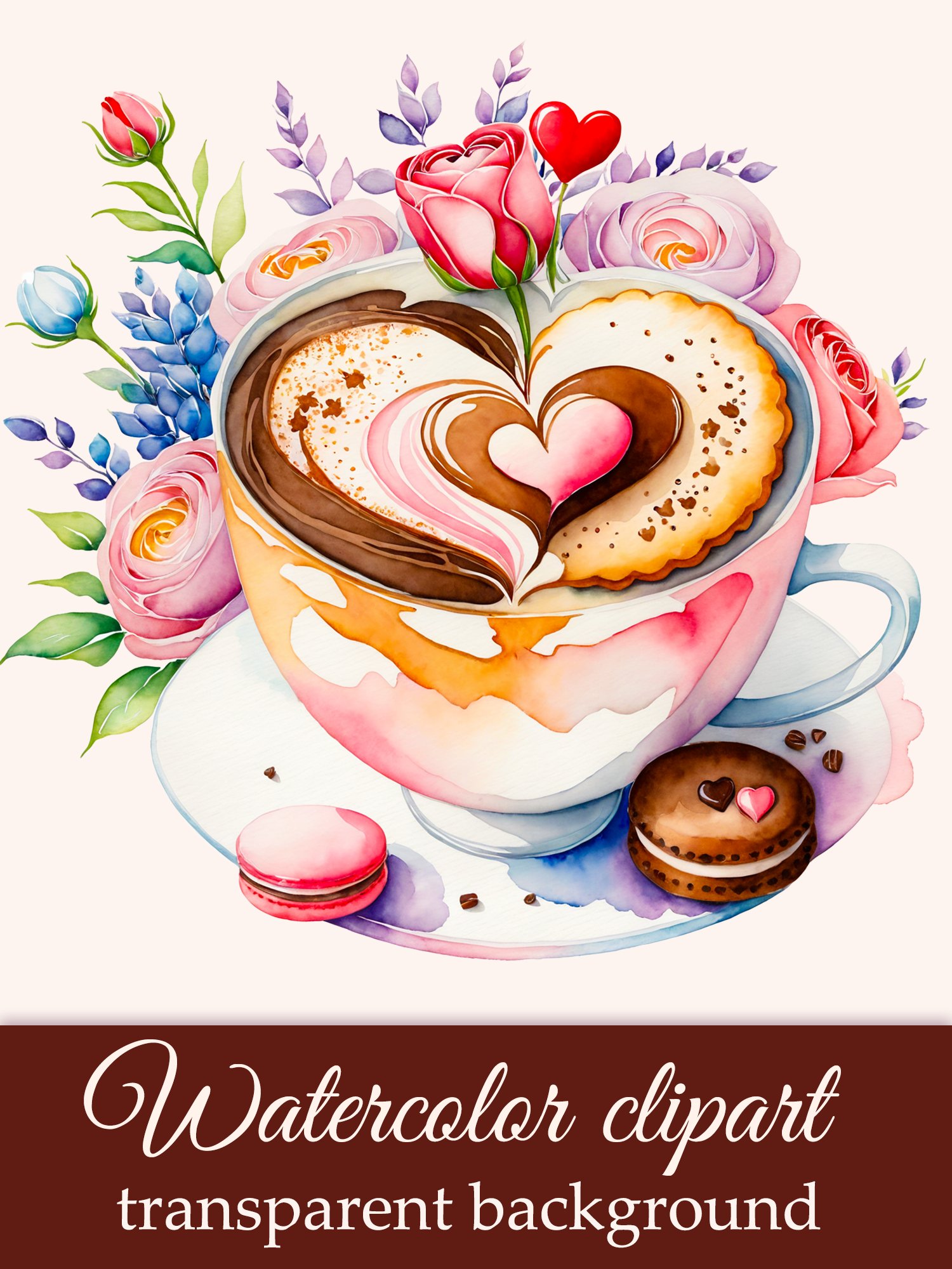 Watercolor coffee cup with hearts and chocolate, clipart Png