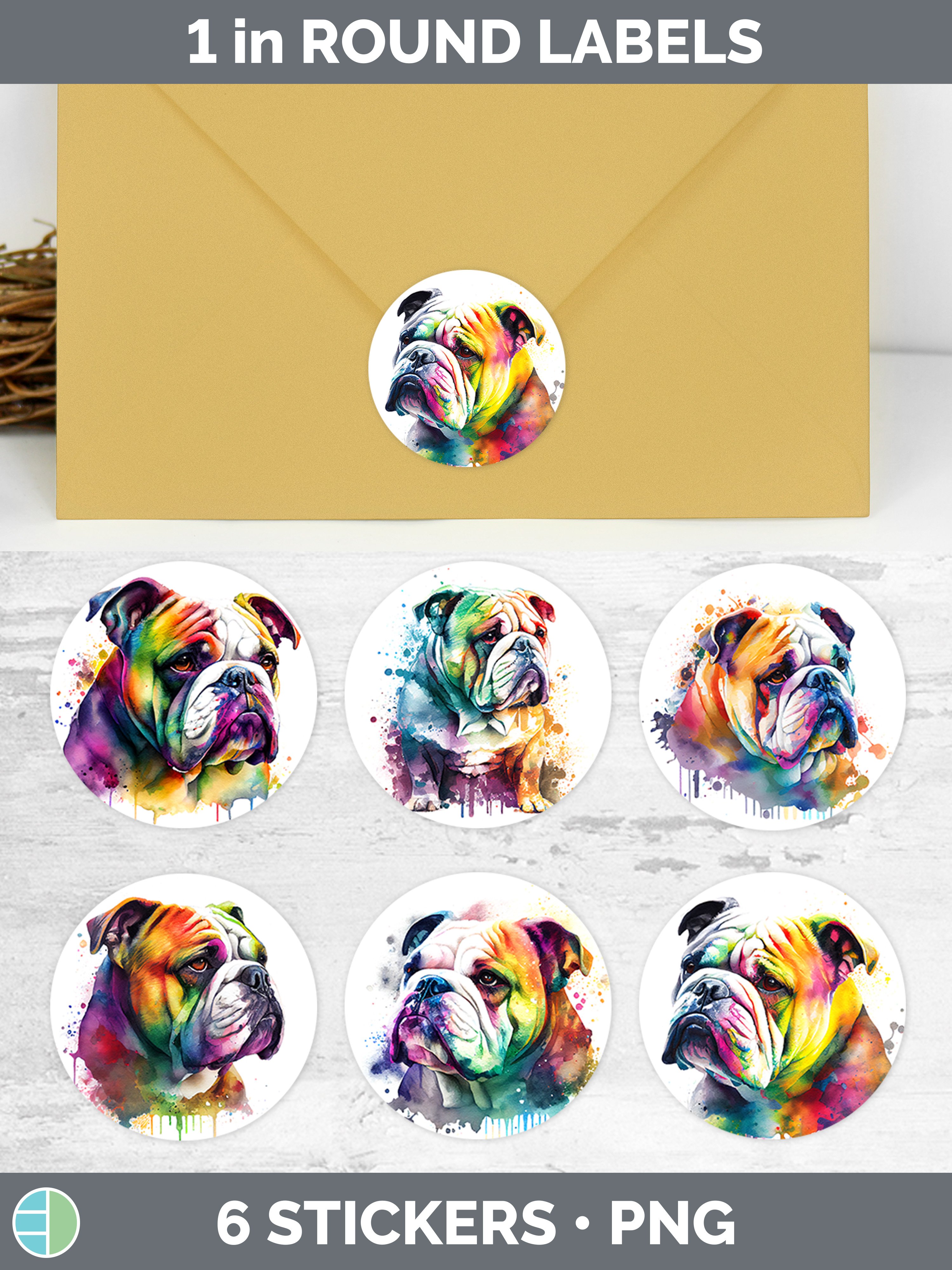 Rainbow Bulldog Stickers | Round Labels Designs Bundle