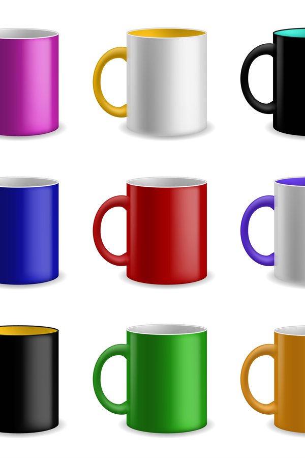 Cups color set. Colorful ceramic realistic mugs for differen