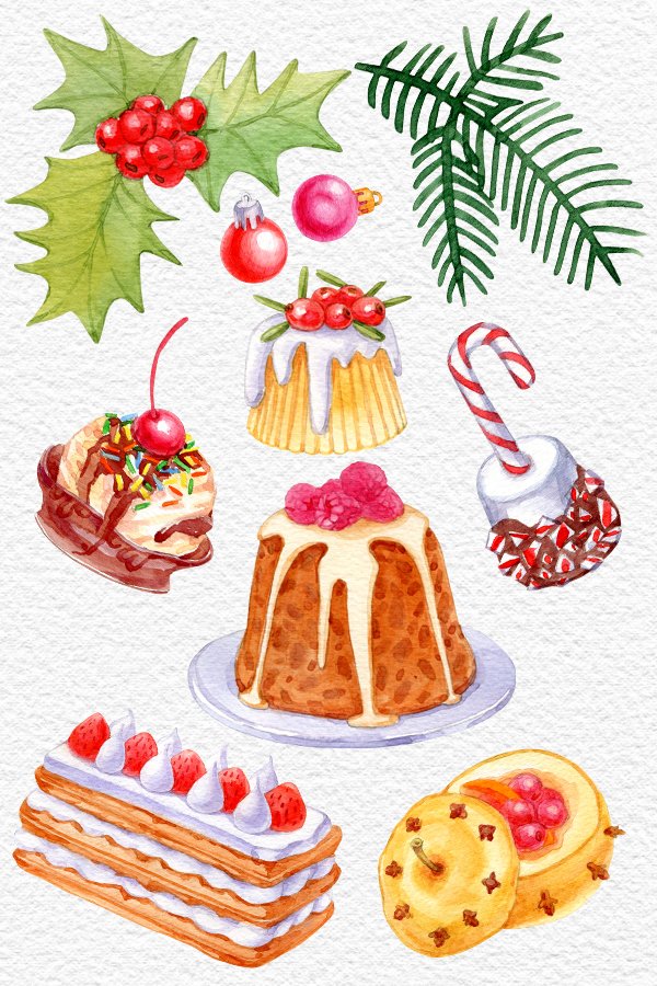 Watercolor Christmas desserts clipart (1036577)