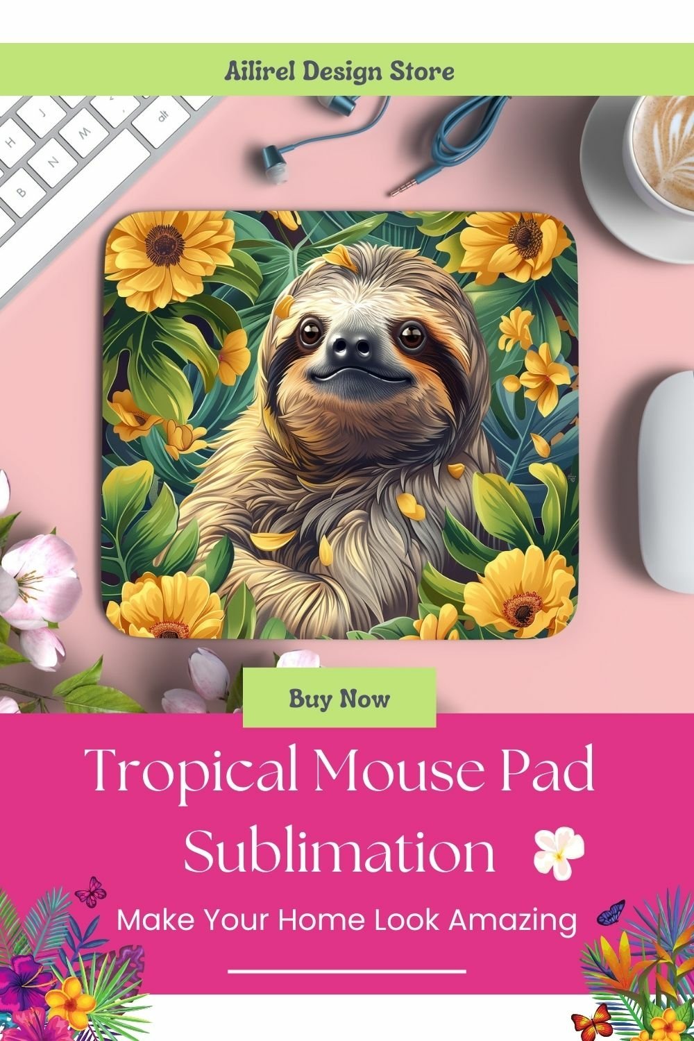 Cute Sloth Mouse Pad Wrap, Tropical Flowers (3578122)