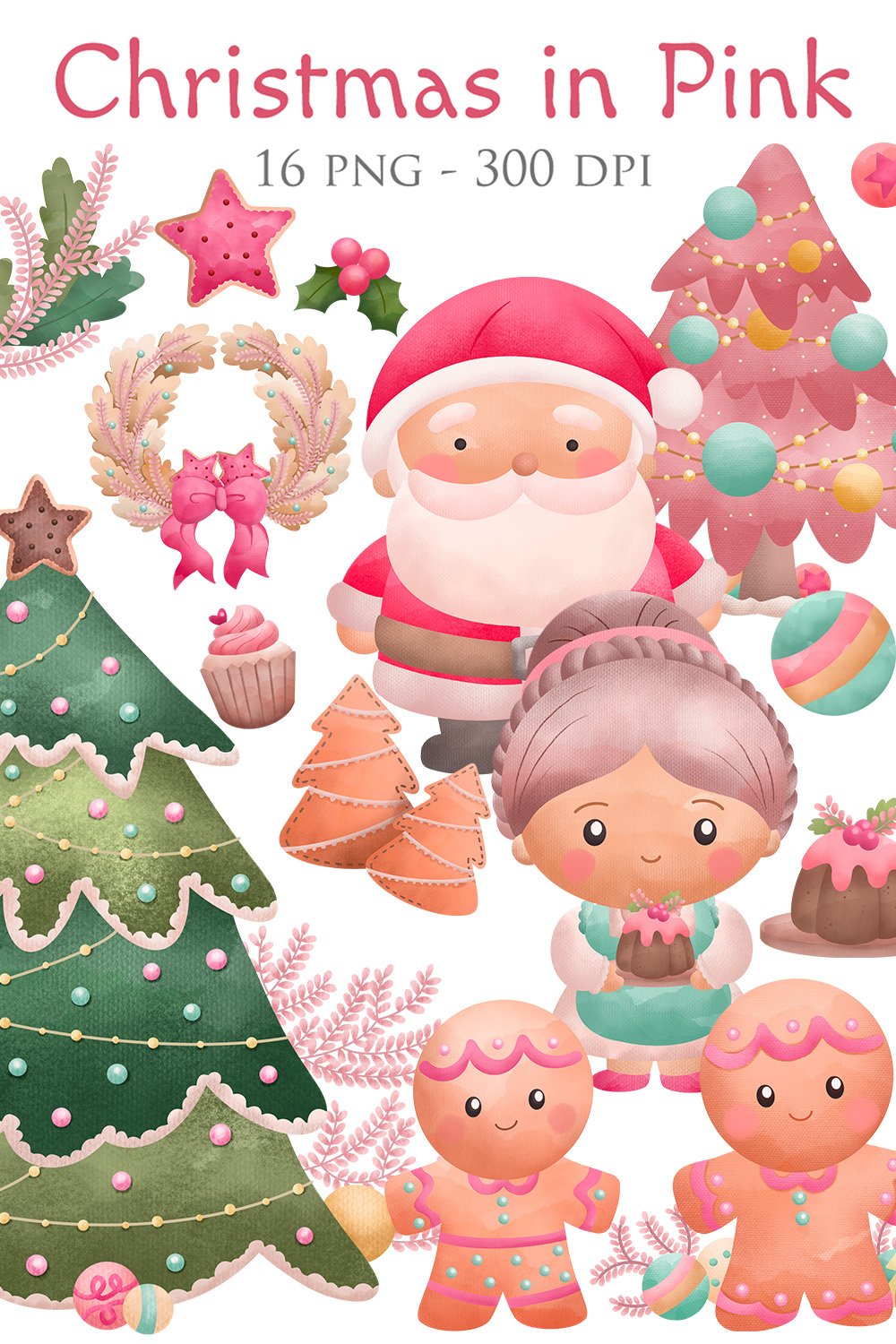 Watercolour Christmas in Pink Cartoon Illustration Sticker